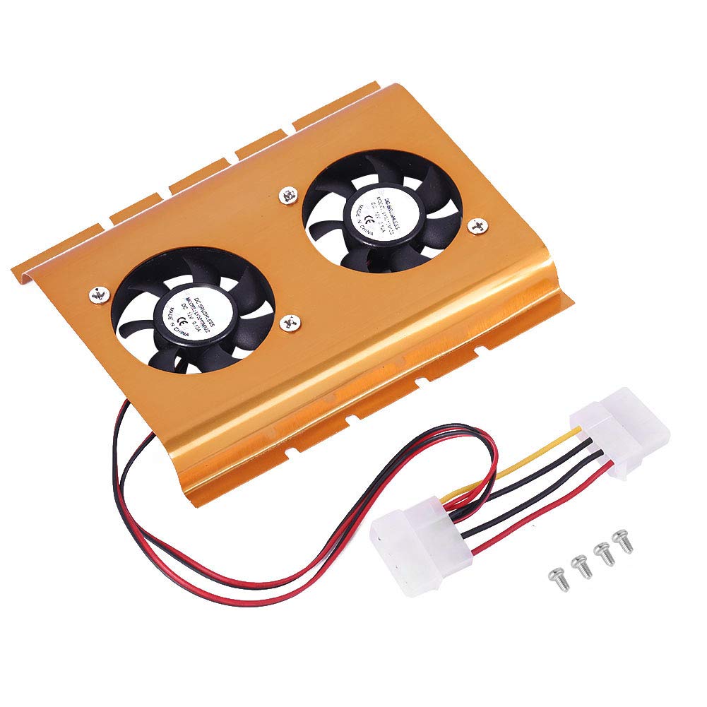 ASHATA HDD Dual Fan Cooling Cooler, 3.5" Hard Disk Drive Fan Cooling Cooler Gold Tone, Hard Disk Cooler for HDD with Fast Heat Dissipation, 2 Fans Design(Gold)