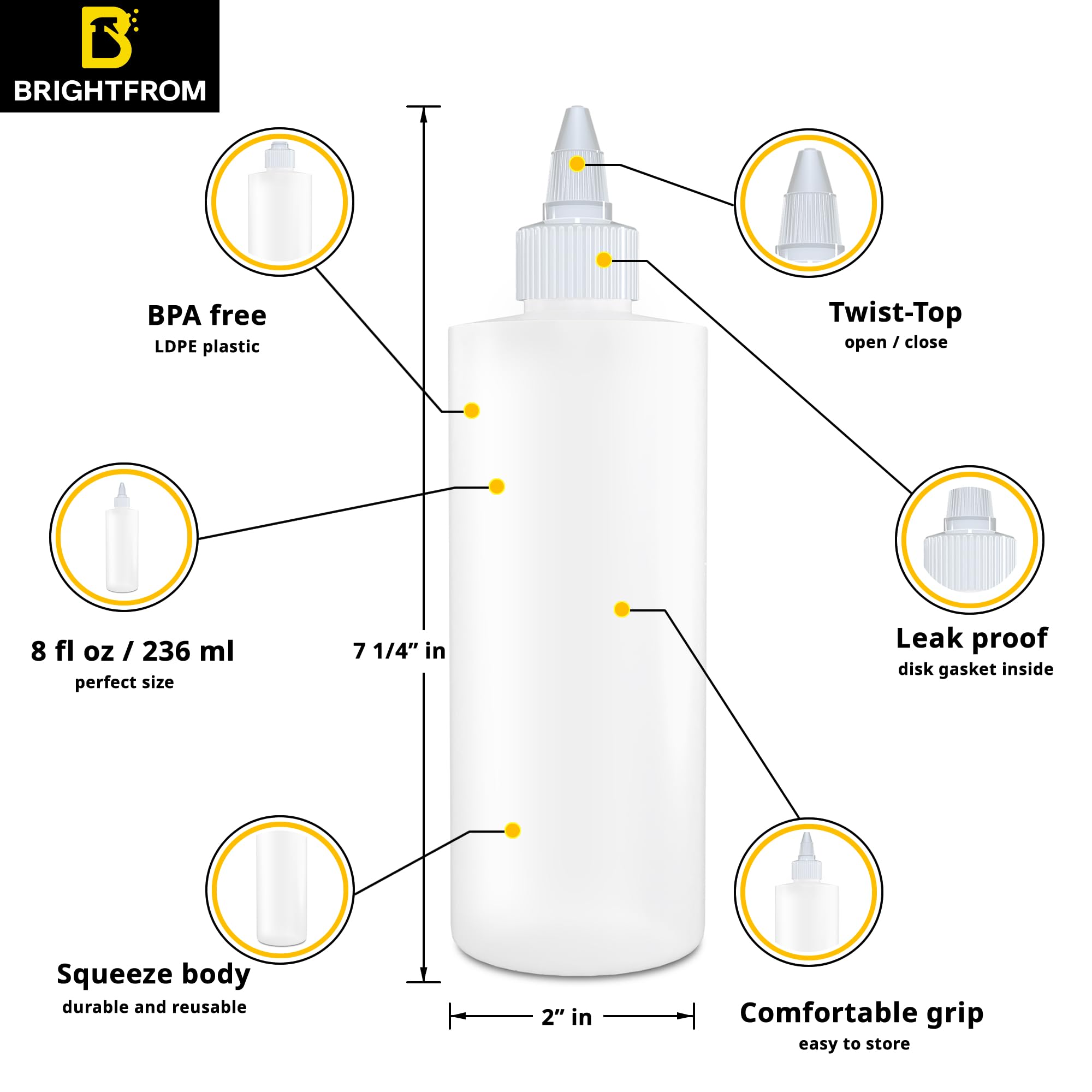 BRIGHTFROM Twist Top Applicator Bottles, Squeeze 8 OZ, Empty Hair Coloring Plastic Bottles, Refillable, Leak Proof - Open/Close Nozzle - Multi Purpose (Pack of 3)