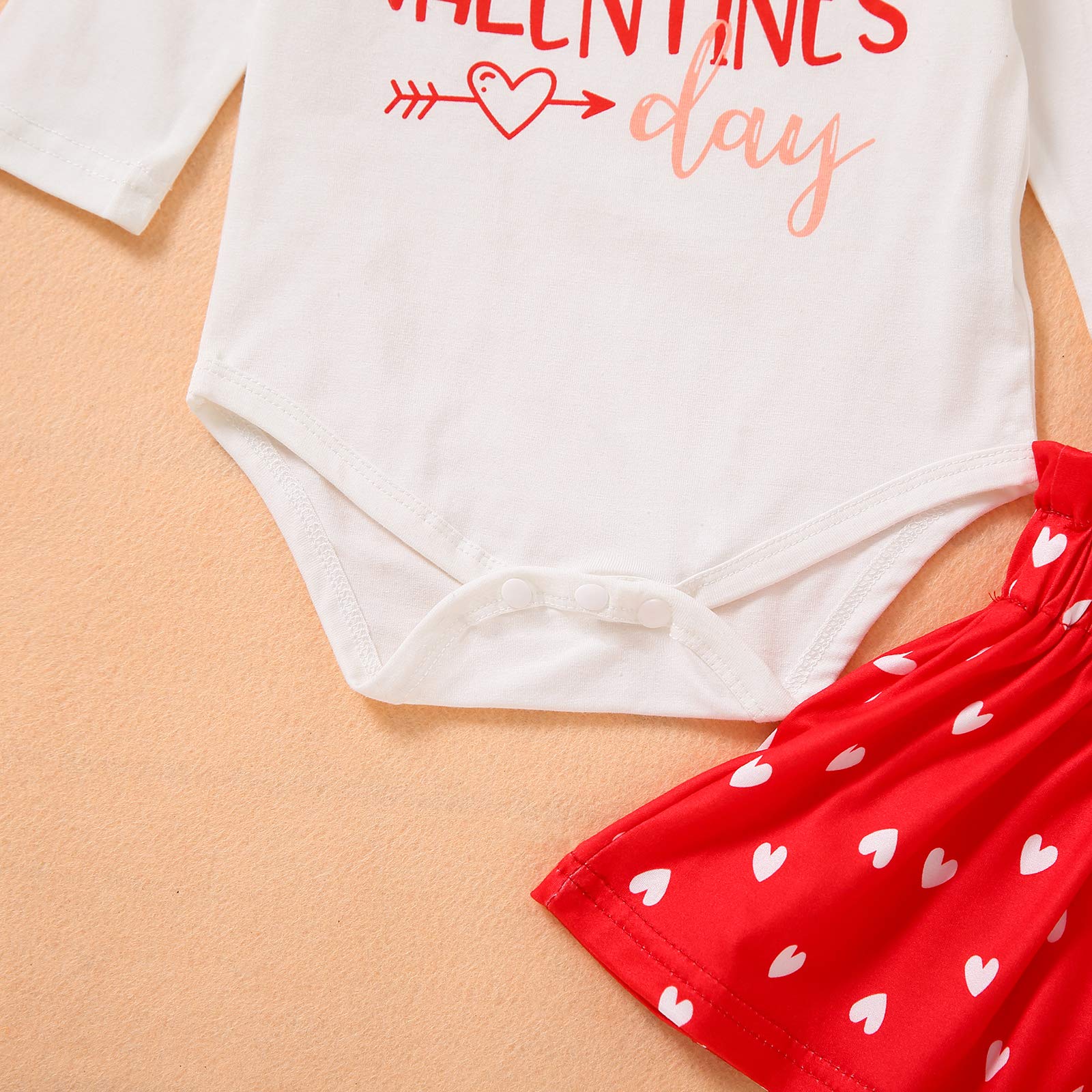 Baby Girls My First Valentine's Day Outfit Ruffles Long Sleeve Romper + Heart Suspenders Skirt Set(White, 6-9Months)
