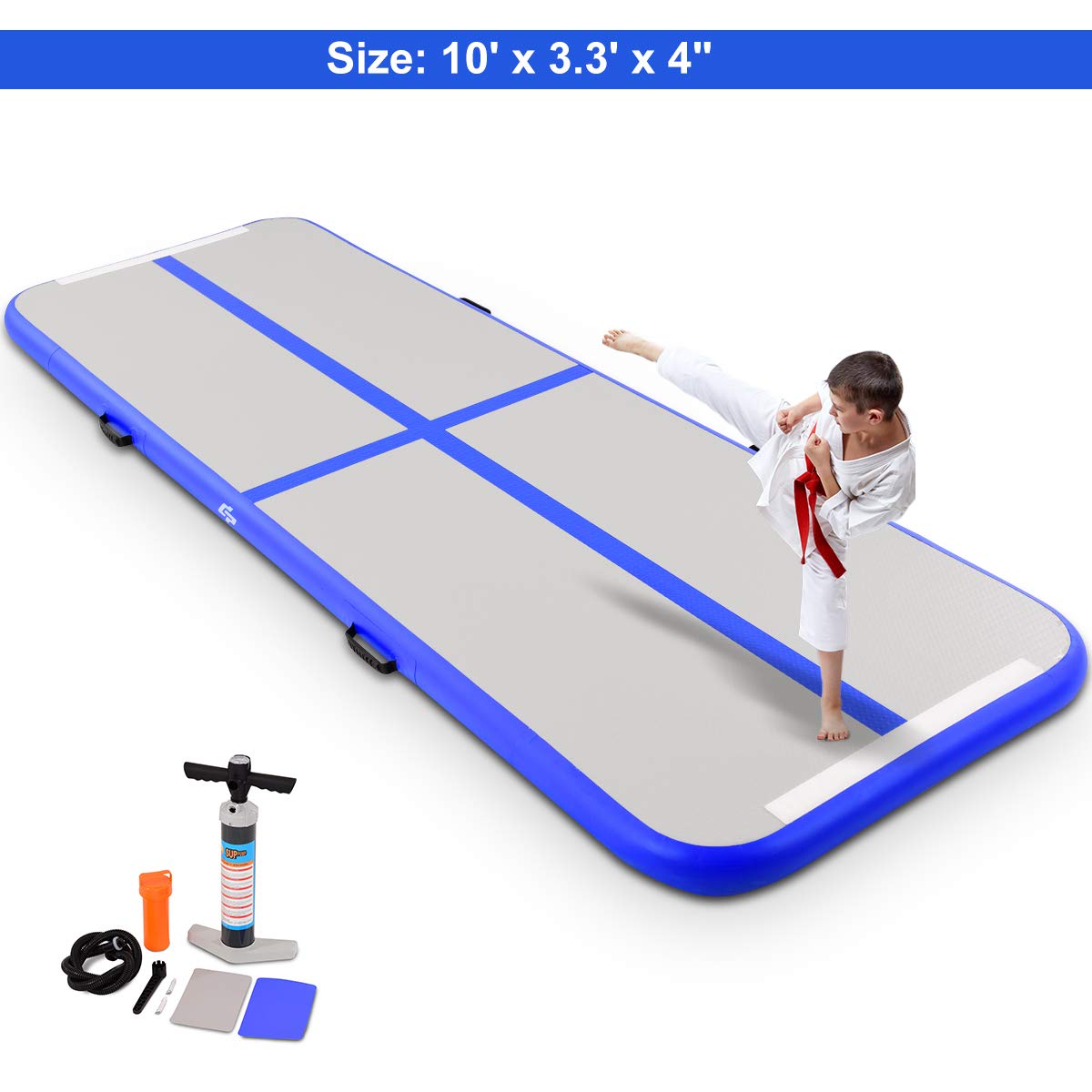 10ft Inflatable Tumbling Gymnastics Mat, Thickness Mat with Air Pump for Cheerleading/Beach/Pool/Home Use (blue)