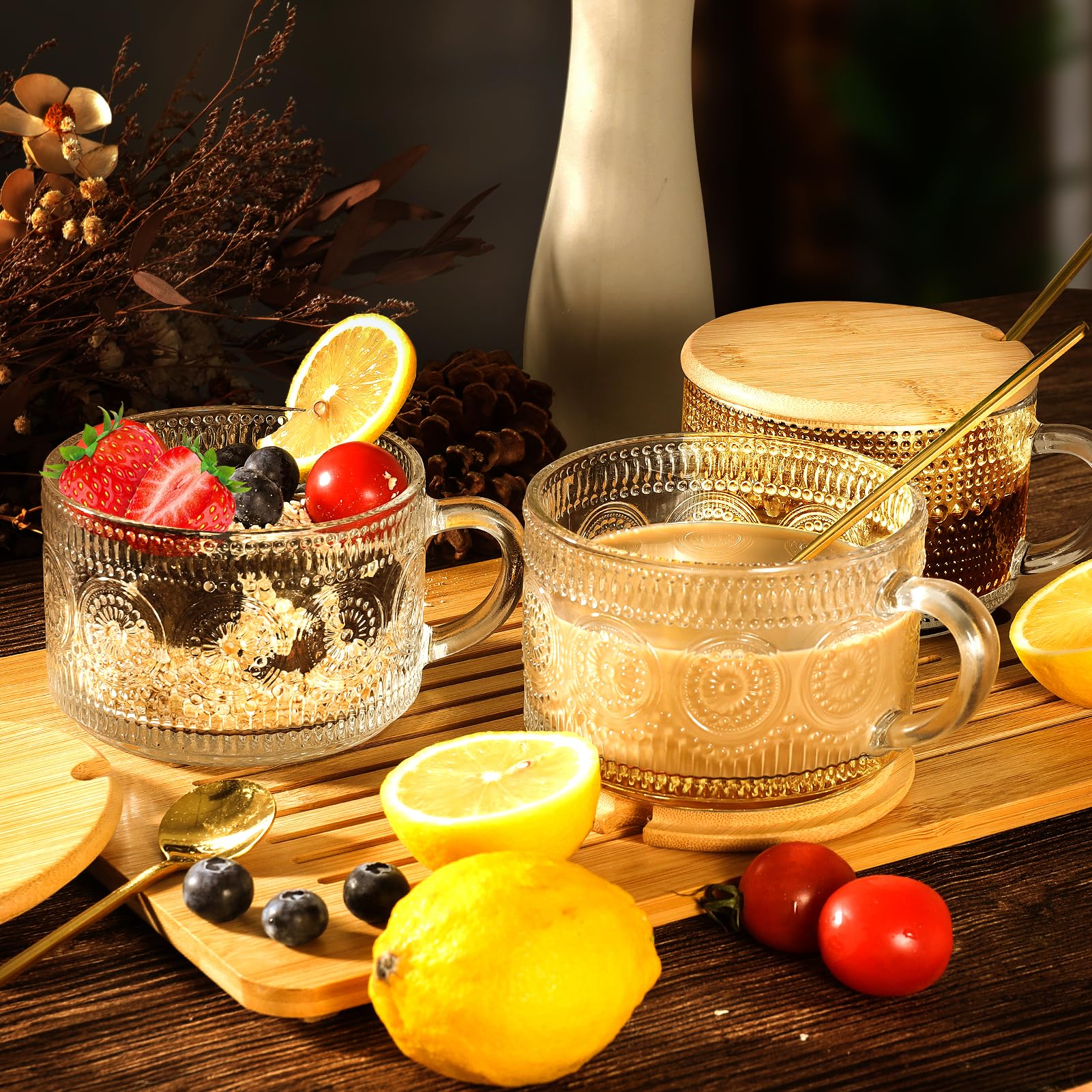 14oz Glass Coffee Mugs Cups , Overnight Oats Containers with Bamboo Lids and Spoons,Coffee Bar Accessories,Clear Embossed Tea Cups,Coffee Cups for Cappuccino, Latte,Christmas Thanksgiving Gift
