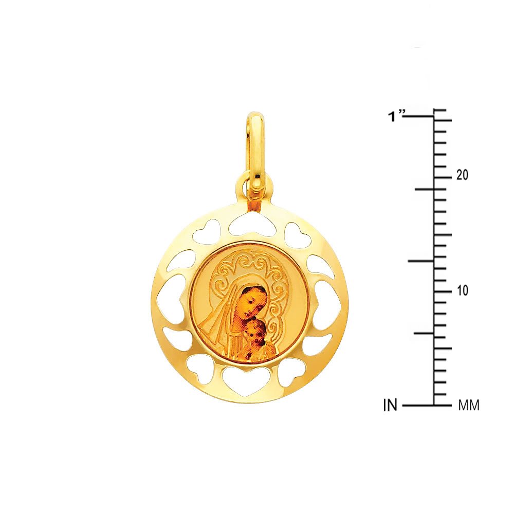 14k REAL Yellow Gold Religious Blessed Virgin Mary and Jesus Enamel Picture Charm Pendant