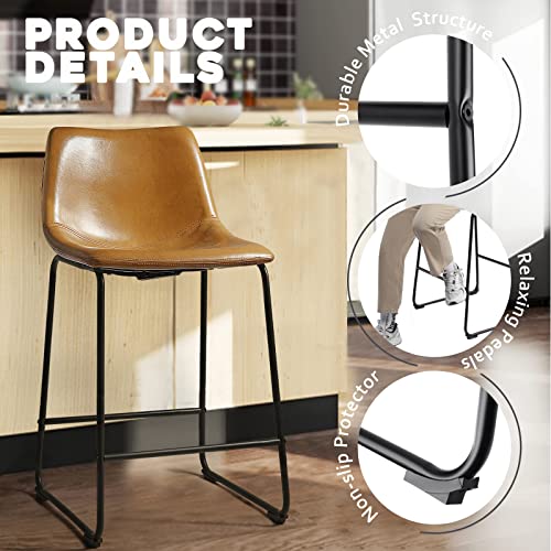 Waleaf 26 inch Bar Stools Set of 2,Counter Height Bar Stools with Back, Modern PU Leather Stools with Metal Leg and Footrest,Dining Chairs for Kitchens Island,Armless Pub Stools for Rustic Bar