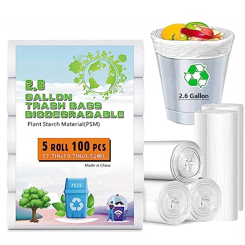 2.6 Gallon Trash Bags, 100 Counts Strong Durable Small Garbage Bags Ultra Thick Recycling Eco-Friendly Trash Can Liner Waste Bin Bags for Bathroom Kitchen Bedroom Office Car Pet (White)