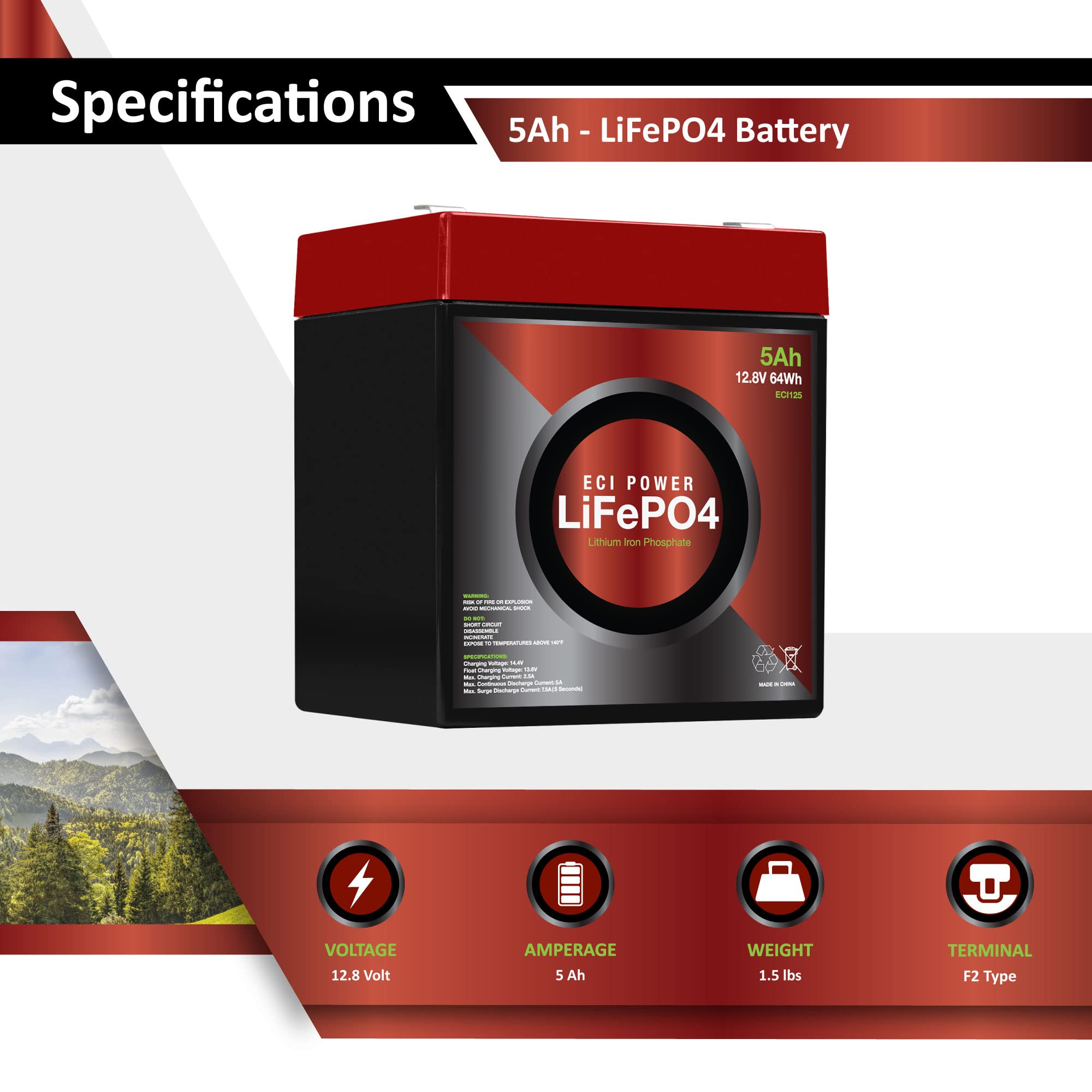 ECI Power 8 Pack 12V 5Ah Lithium LiFePO4 Deep Cycle Rechargeable Battery | 2000-5000 Life Cycles & 10-Year Lifetime | Built-in BMS