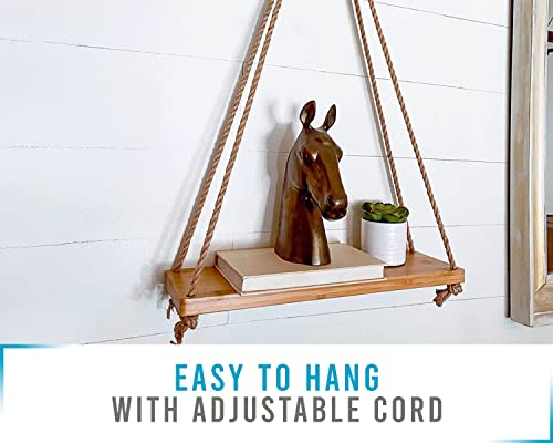 Comfify Modern Set of 2 Wooden Floating Shelves with String – Farmhouse Boho Wall Decor for Living Room Wall – Natural Wood Decorative Shelves with Rope – 17”x5.2” - Natural Color