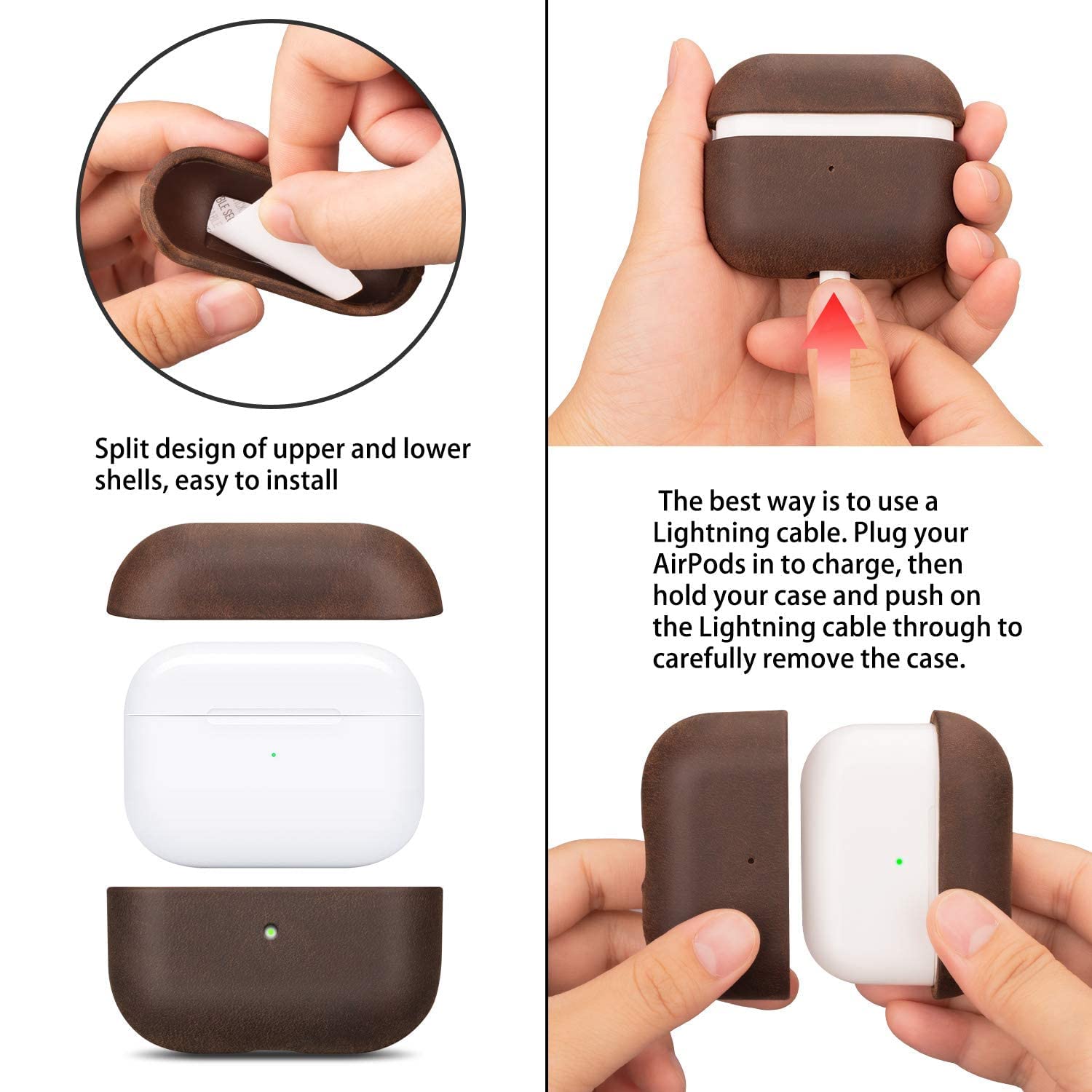 MAOGOAM for AirPods Pro Leather Case Cover with Hand Strap, Genuine Oil Wax Crazy Horse Cowhide Leather Case Cover for Airpods Pro, Handcrafted Fully-Wrapped, The Front LED Visible, Dark Brown