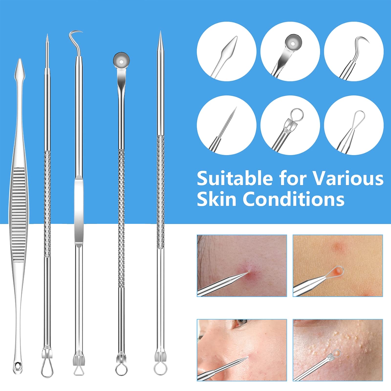 12pcs Blackhead Remover Tools Sets,Double-Head Blackhead Remover Tools,Comedone Pimple Extractor Tool Acne Kit for Blackhead,Professional Stainless Blackhead Extractor Removal Tool with a Leather Bag