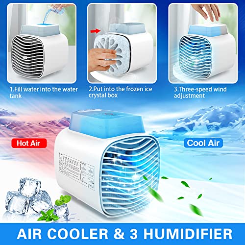 2022 Portable Air Conditioner, USB Rechargeable 3 Speeds Personal Evaporative Air Cooler Cooling Desktop Humidifier Fan with Blue Atmosphere Light for Room/Office/Desk/Nightstand/Camping (Style 04)