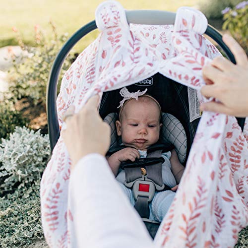 Bebe au Lait Classic Muslin Car Seat Cover, Easy Snap Straps, Fully Zippered Opening - Pink Leaves