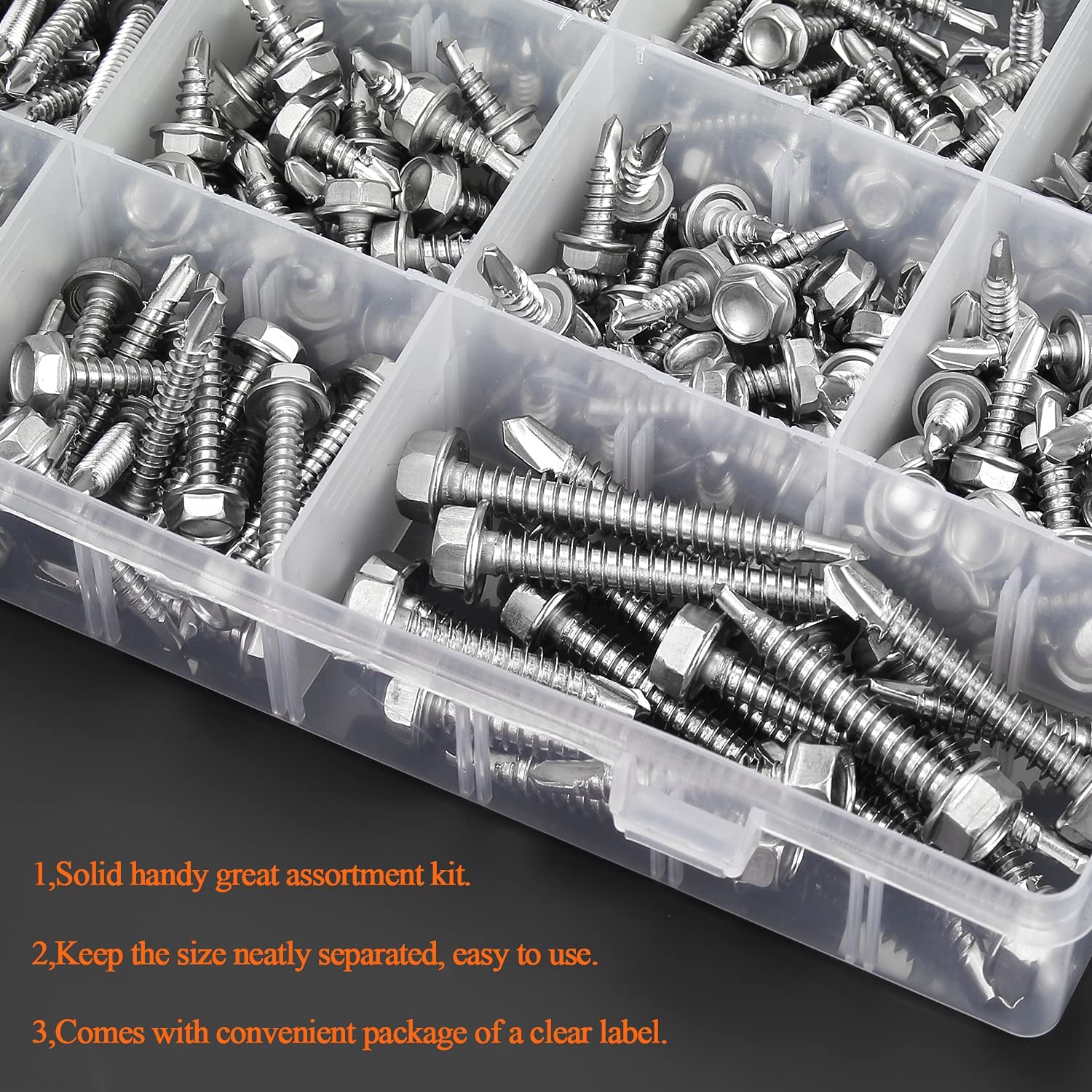 HELIFOUNER 320 Pieces #8#10#14 Hex Washer Head Self Drilling Sheet Metal Screws Assortment Kit, 410 Stainless Steel