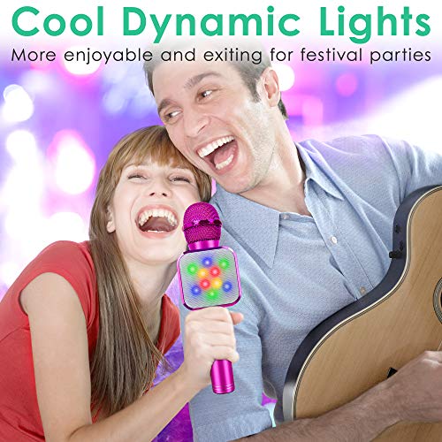 KIDWILL Wireless Bluetooth Karaoke Microphone for Kids, 5-in-1 Portable Handheld Karaoke Mic Speaker Player Recorder with LED Lights for Kids Girls Boys Teens Birthday (1818-Hot Pink)