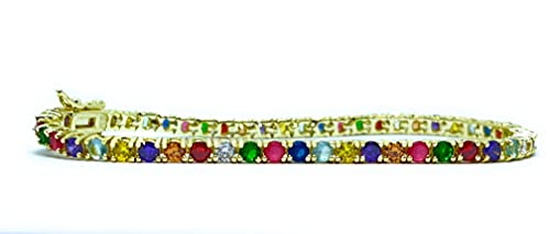 18K Gold Plated 3mm Multi Colored Rainbow Cubic Zirconia Tennis Bracelet