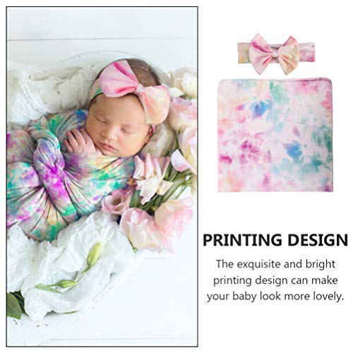 TOYANDONA Infant Swaddle Wrap Tie Dye Receiving Blanket with Bow Headbands Baby Wrap Blanket Stretchy Swaddle Sack Photo Booth Prop for Newborn Infant Baby Unisex