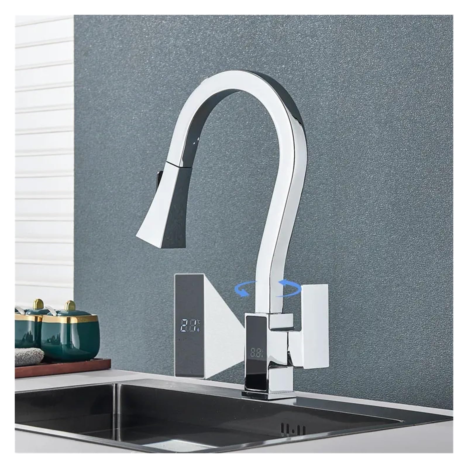 1PCS Pull-Out Kitchen Faucet Digital Temperature Display Sink Faucet Kitchen Mixer Faucet Brass Mixer Faucet Crane 360 Degree Rotation (Color : Chrome)