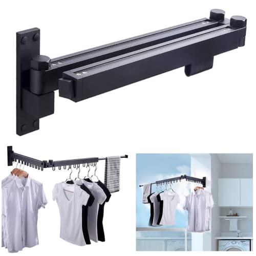 MYOYAY Wall Mounted Folding Clothes Hanger Space-Saver, Indoor/Outdoor Adjustable Clothes Drying Rack, 220 LBS Retractable Dry Coat Hanger for Laundry Room, Storage Organiser Instant Closet,Black