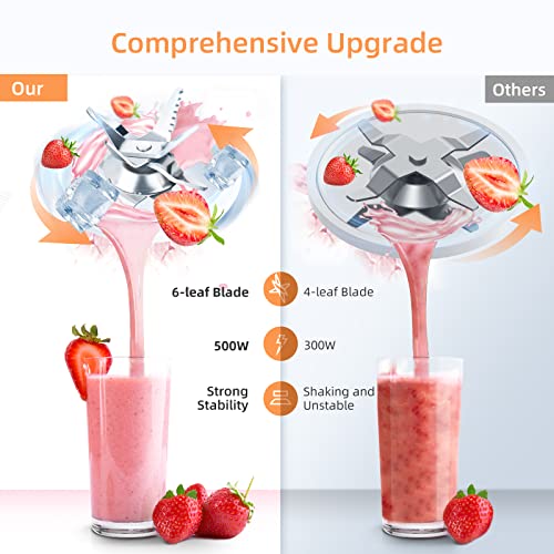 Acezoe 850W Bullet Blender for Shakes and Smoothies, 5 in 1 Personal Blenders for Kitchen, with 6 fins Blade, 2x500ml Portable Bottle, 1 Grinding Cup, for Juice, Protein, Vegatable, Easy to Clean