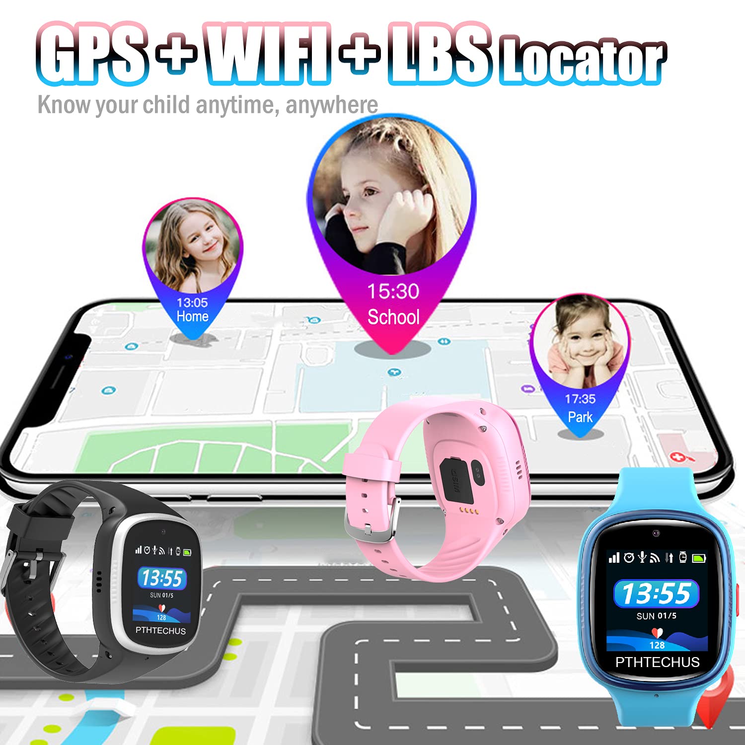 PTHTECHUS 4G Smartwatch Phone for Children - Kids Smart Watch with WiFi, Dail, Voice Messages & Video Calls, GPS Location, Students School Mode, SOS, Camera and Pedometer for Boys Girl Present