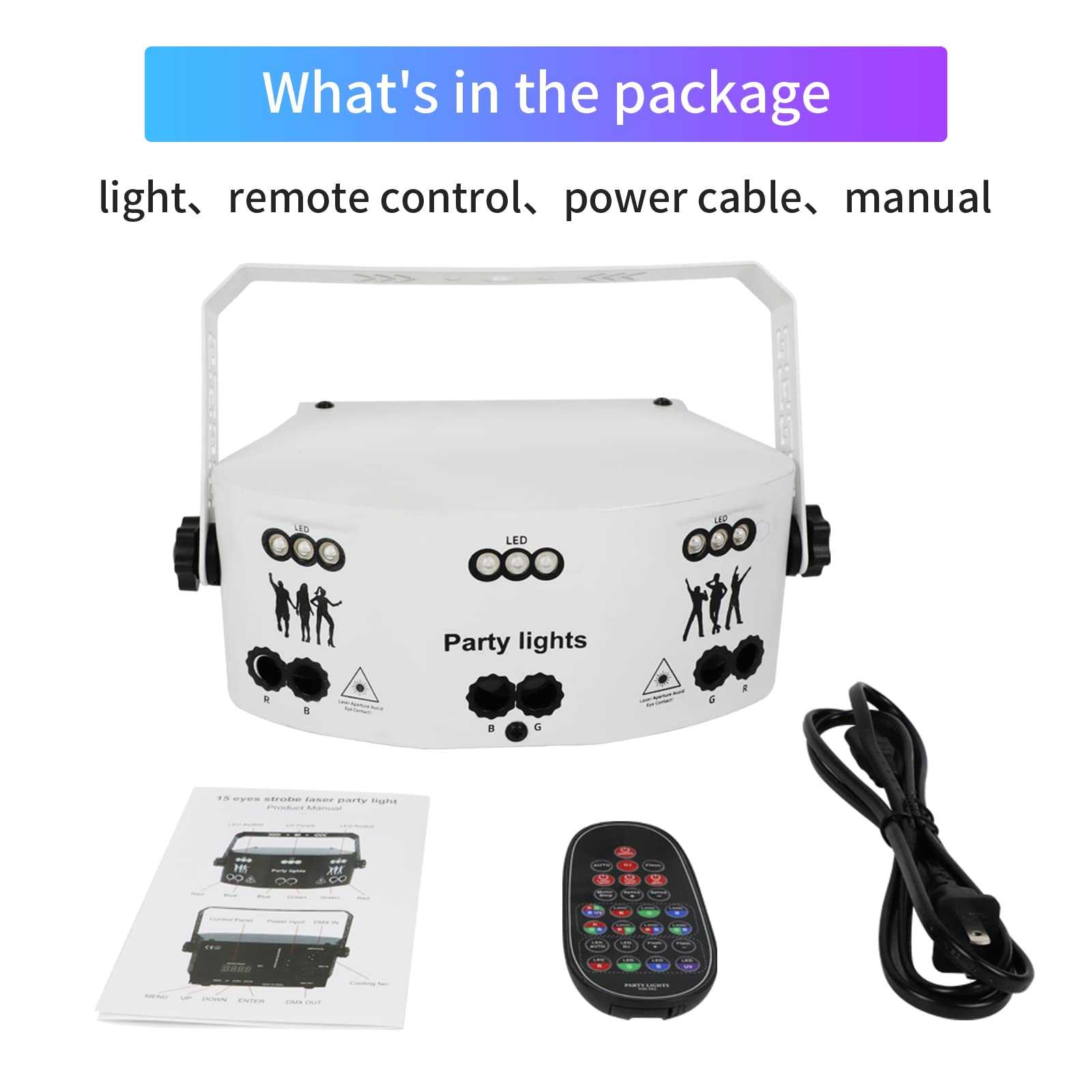 15 Eyes Party Lights DJ Disco Light RGBW UV Strobe Lighting Effect LED Projector Sound Activated Ravelight Remote Control for Home Parties Karaoke Birthday Wedding Bar