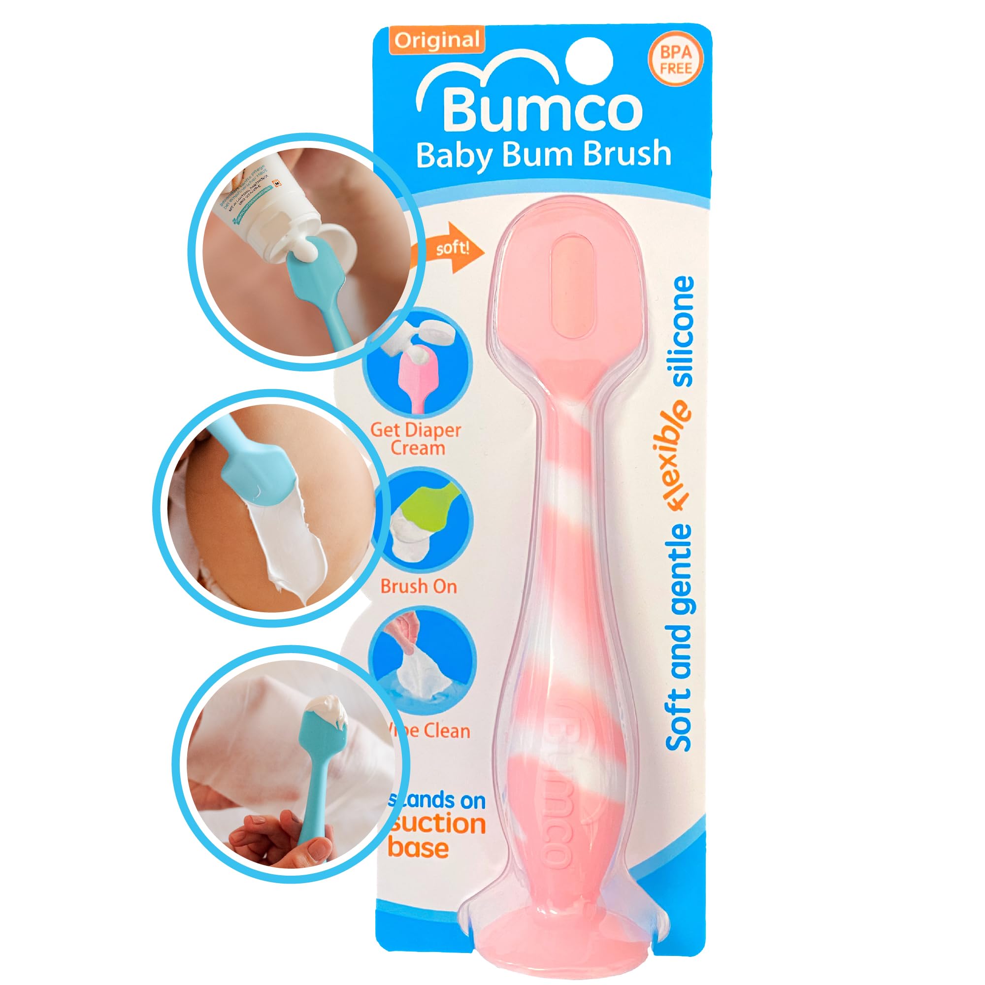 Bumco Baby Bum Brush - BPA-Free Diaper Cream Spatula with Suction Cup Base, Soft & Flexible Silicone, Wipe-Clean, Mom-Invented Diaper Bag Essentials (Light Pink Swirl)