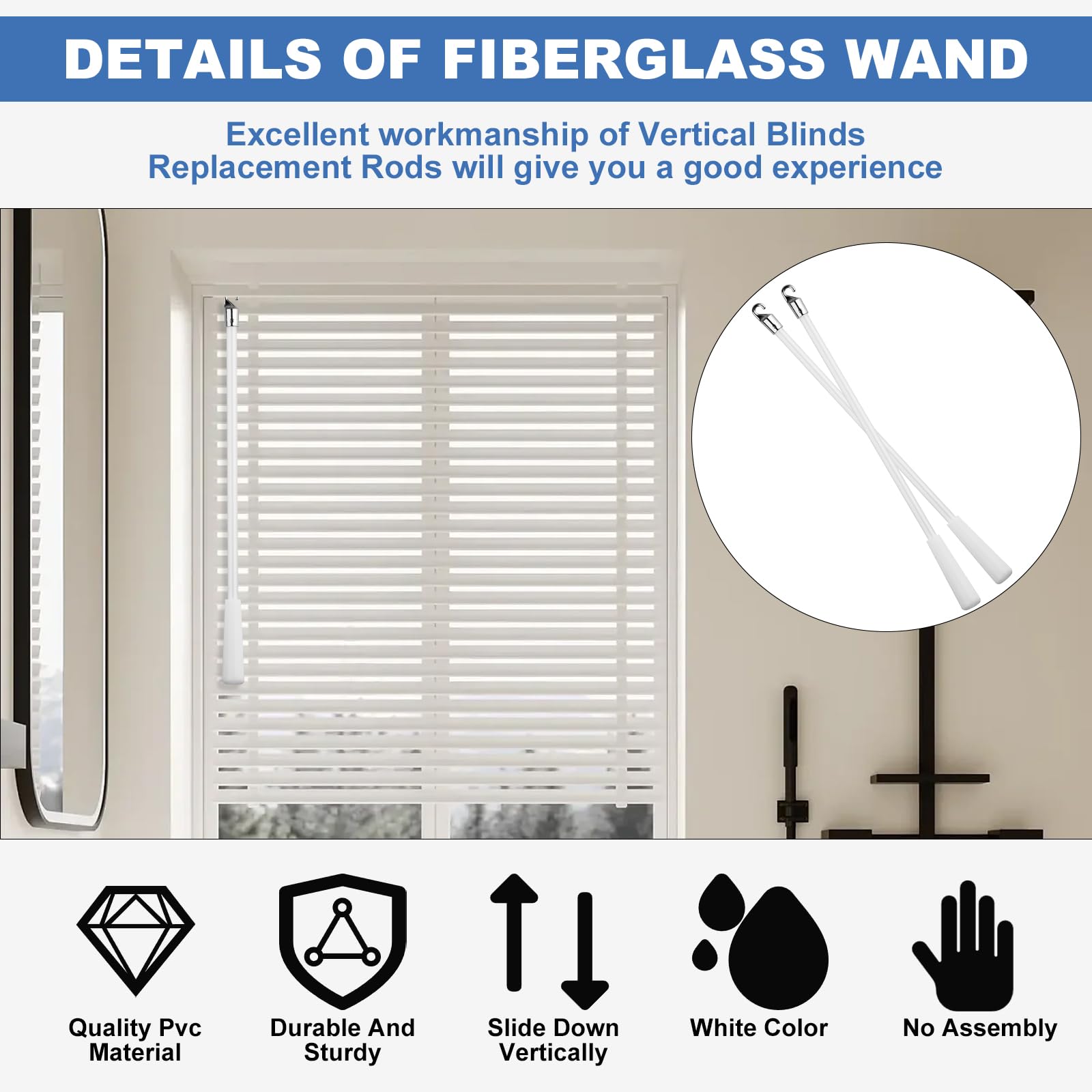 12 Inches Blind Wands, Vertical Blinds Wand Replacement with Hook and Handle, White Fiberglass Window Blind Tilt Rods, Blinds Stick Replacement Parts, Curtain Stick Blind Tilt Wand for Window