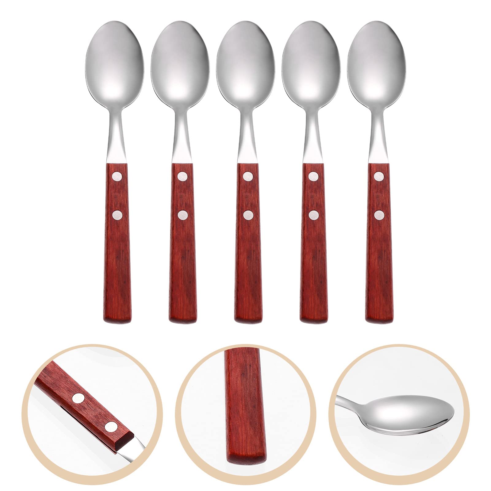 Hemoton 5pcs Stainless Steel Coffee Spoons Wood Handle Tea Spoons Dessert Ice Cream Cake Tasting Spoon Dinner Spoon for Home Kitchen Restaurant