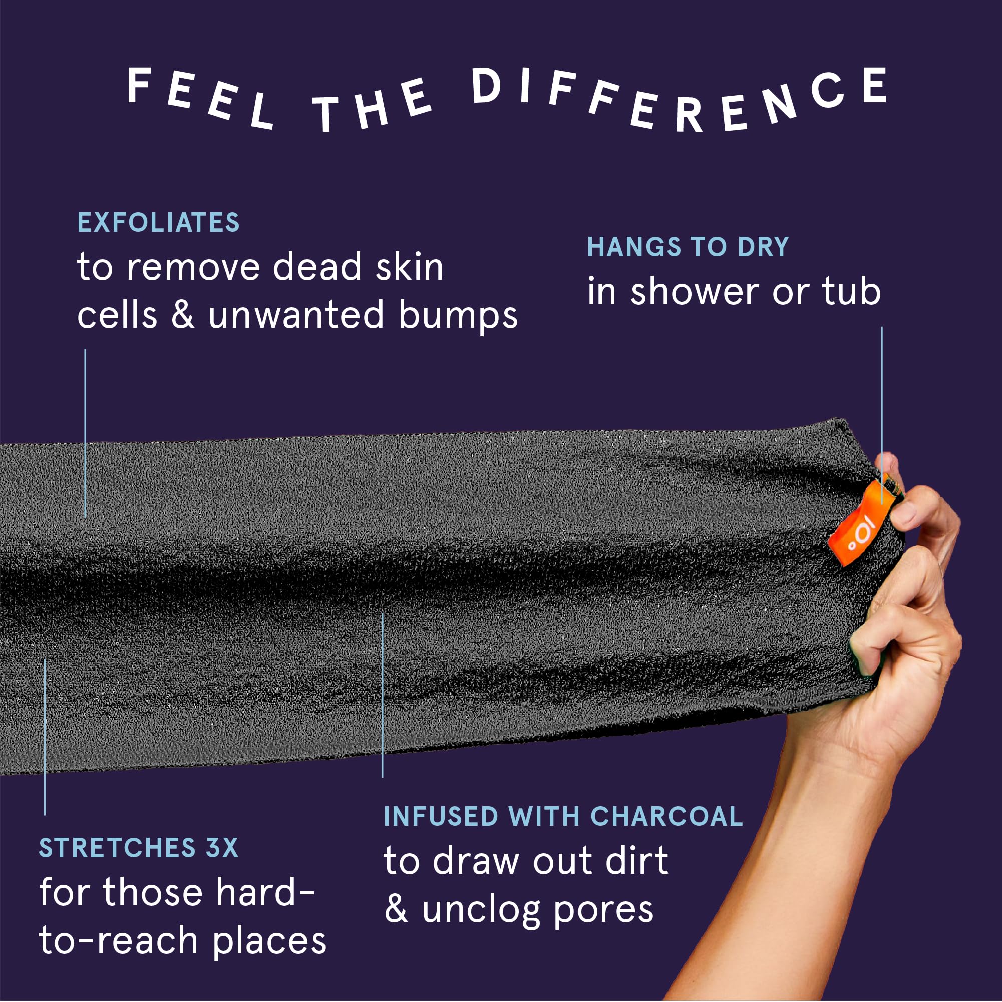 Cleanlogic Body Exfoliating Cloth, Stretchy Detox Charcoal Infused Exfoliator Bath and Shower Washcloths, Reusable Daily Skincare Tool, 3 Count Value Pack