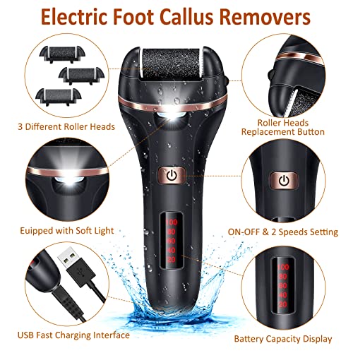 Electric Foot Callus Remover Kit, Banral 10 in1 Rechargeable Pedicure Tools Foot Care Feet File with 3 Roller Heads,2 Speed,Battery Display for Remove Cracked Heels Calluses and Dead Skin