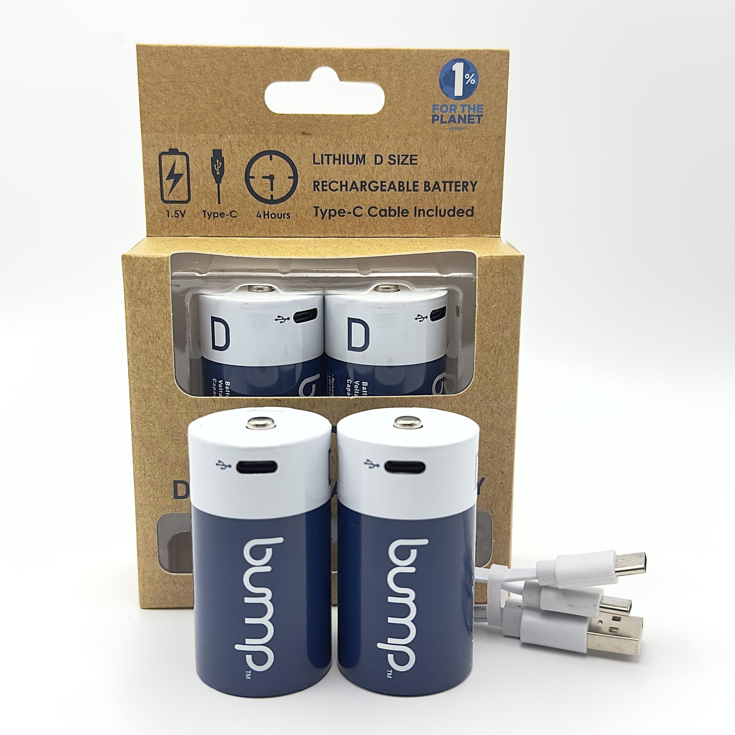 bump D 1.5V Rechargeable Batteries - 2 Pack - Lithium Ion, 12000 mWh, Fast & Long Lasting USB-C Charge, Use in Flashlights, Devices w/Extended Running Time Requirements, Charger Cable Included