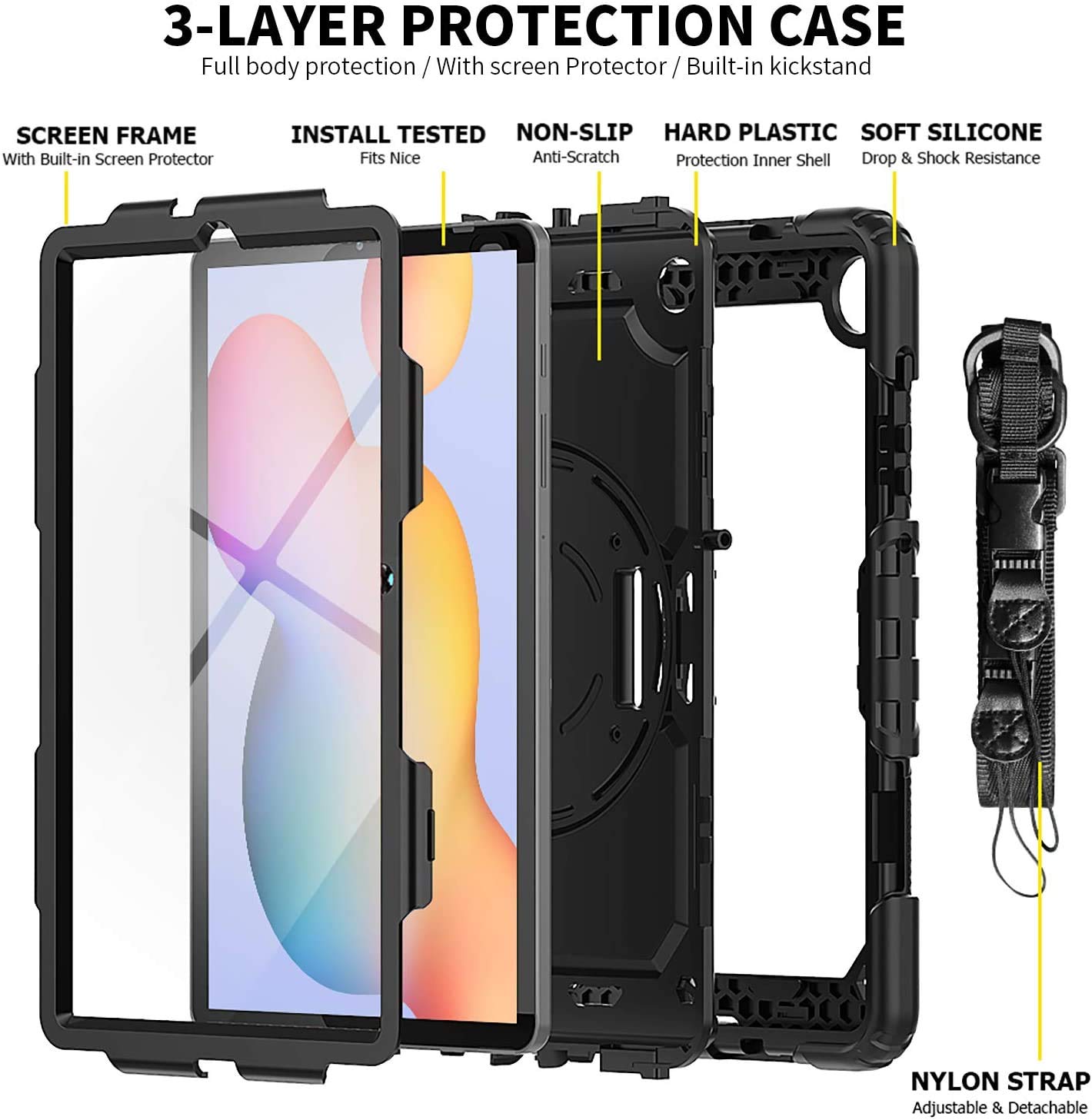 BLOSOMEET Case for Samsung Galaxy Tab S6 Lite 10.4" 2024/2022/2020 with Screen Protector S Pen Holder,Heavy Duty Case for S6 Lite Tablet P620/P625/P610/P613 with Stand Hand Shoulder Strap,Black