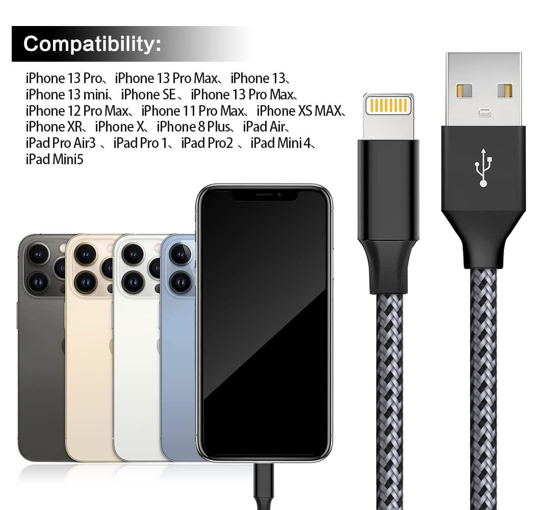 3 Pack 6 FT iPhone Charger Cable [Apple Mfi-Certified] Lightning Cable Nylon Braided High Speed USB Fast Charging Cord Compatible with iPhone 14/13 Pro Max/12/11/XS/XR/X/8 plus/7/6/5/iPad（Gray Black）