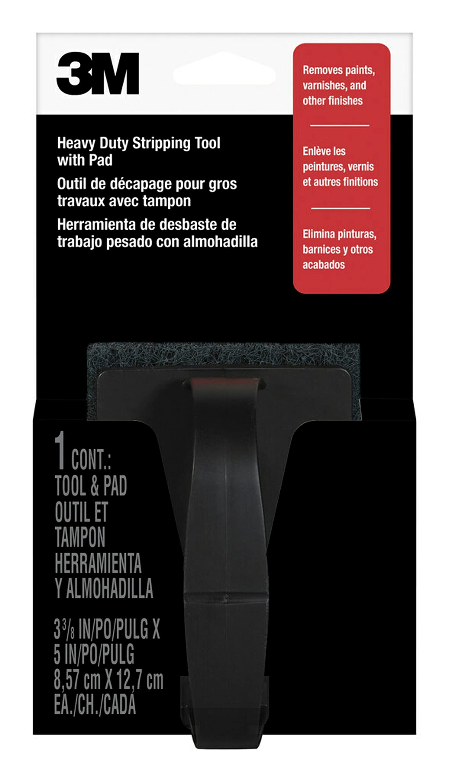 3M Heavy Duty Stripping Pad With Handle, 3-3/8 in x 5 in, Removes Paint, Varnish & Other Finishes, #3 Coarse, Synthetic Material Does Not Rust, Splinter Or Shred Like Steel Wool (10110NA)