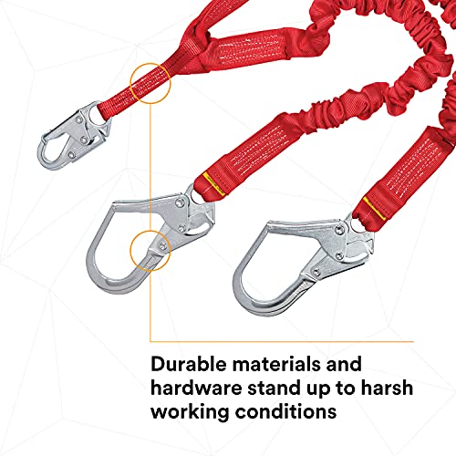 3M Protecta PRO 1340161 6', 100-Percent Elastic Shock Absorbing Lanyard, Snap Hook At Center, Steel Rebar Hooks On Leg Ends, 310 lb. Capacity, Red