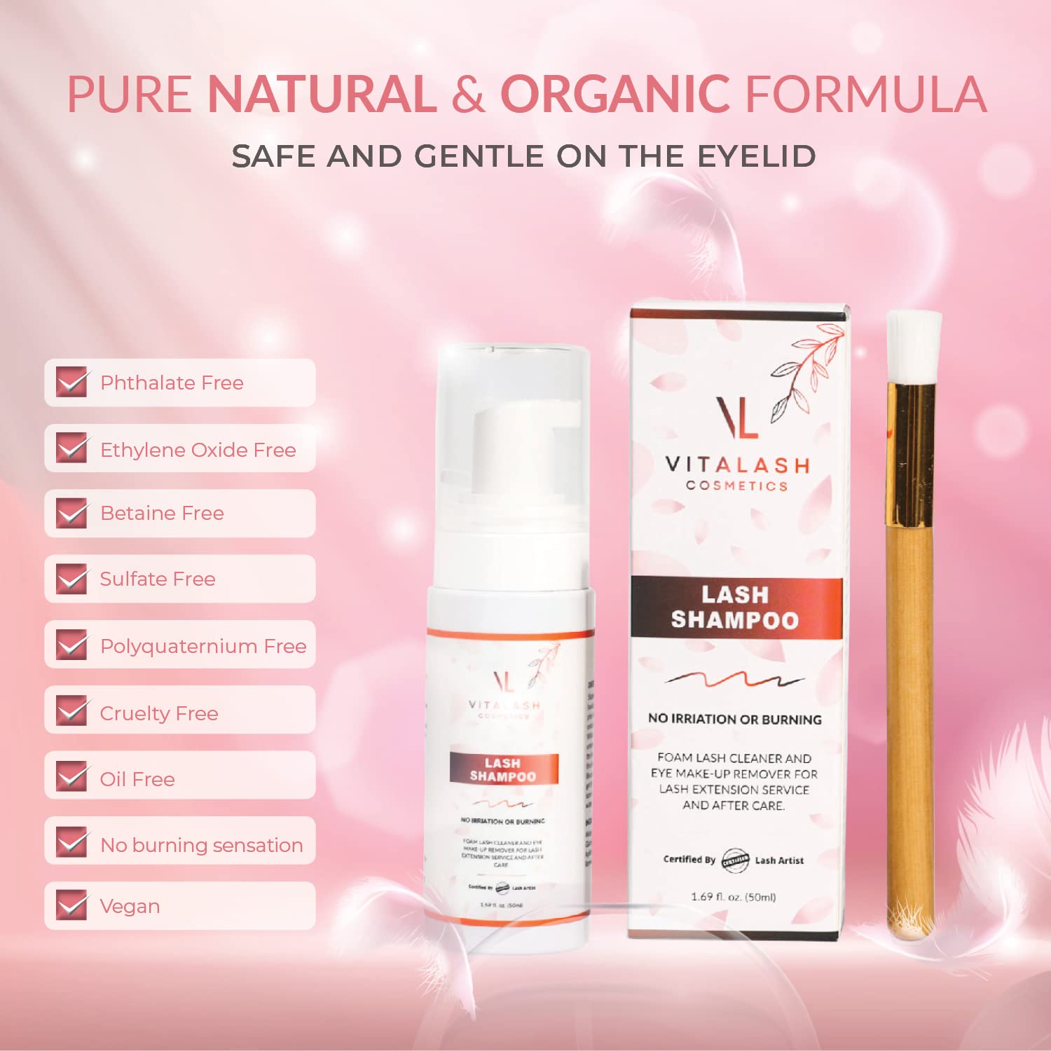 Vitalash Cosmetics Lash Extension Cleanser - Lash Shampoo for Lash Extensions - Lash Foam Cleanser for Extensions - Safe & Irritation Free - 50ML/1.69FL.oz + Brush