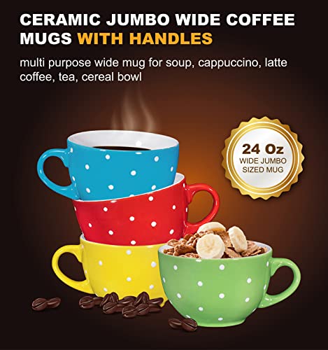 Bruntmor | Large Coffee Mug - 24 Oz Polka Dots Mug - Ceramic Soup Mug - Large Cereal Cups with Handles - Suitable As Tea, Cocoa & Coffee Mugs - Easy-to-clean - Comfortable Handle