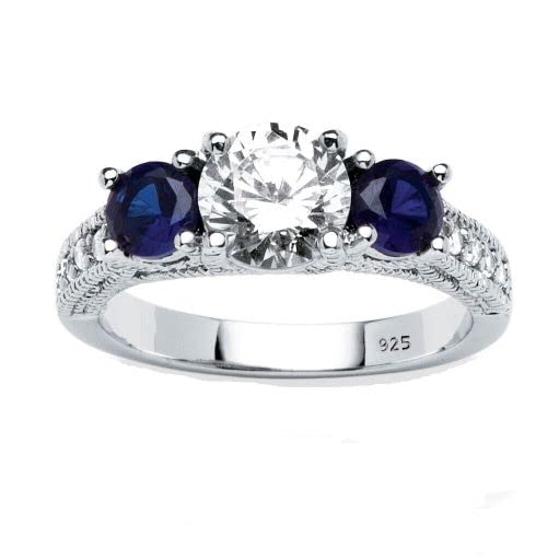 2.45 Cttw Round Shape White Cubic Zirconia & Simulated Blue Sapphire Wedding Engagement Three Stone Ring in 14K White Gold Plated 925 Sterling Silver - Ring Size - 7.5