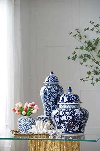 A&B Home 18" Porcelain Decorative Jar with Lid Blue White Floral Print Vase Ginger Jar Centerpiece Decor