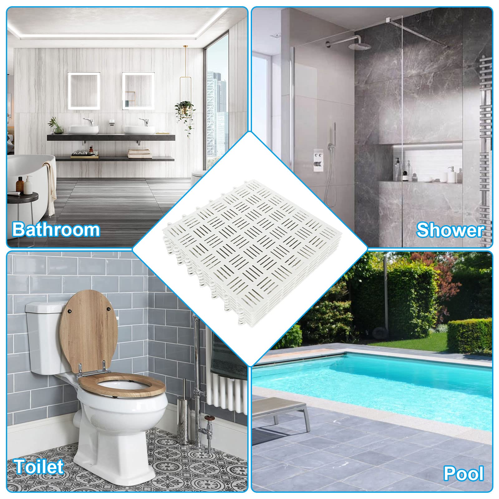 12Pack 12" x 12" Interlocking Rubber Floor Tiles PVC Drainage Mat Pool Mats for Floor, Modular Interlocking Cushion Mat Shower Mat Non Slip for Bath, Deck, Drain, Pool, Patio, Balcony, Kennel, Gray