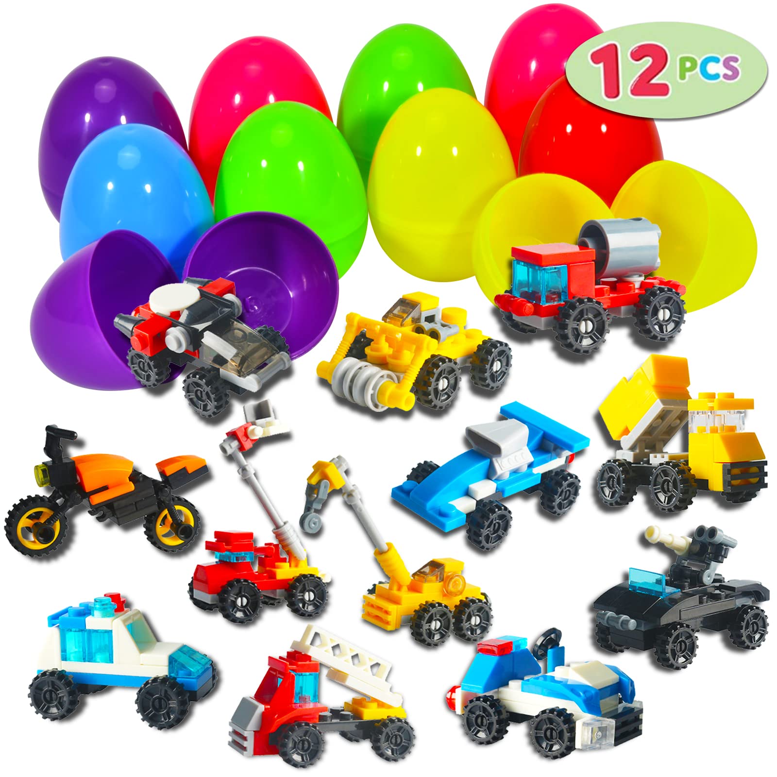 12Pcs Prefilled Easter Eggs with Car Building Blocks, Mini Construction Toys Inside, Easter Basket Stuffers Fillers for Easter Eggs Hunt Party Favors, Classroom Prize Gifts