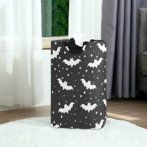 Kaariok Halloween Bats Black White Polka Dots Laundry Hamper with Handles Waterproof Collapsible Storage Basket Large Dirty Clothes Bin for Laundry Room, 22.7 Inches
