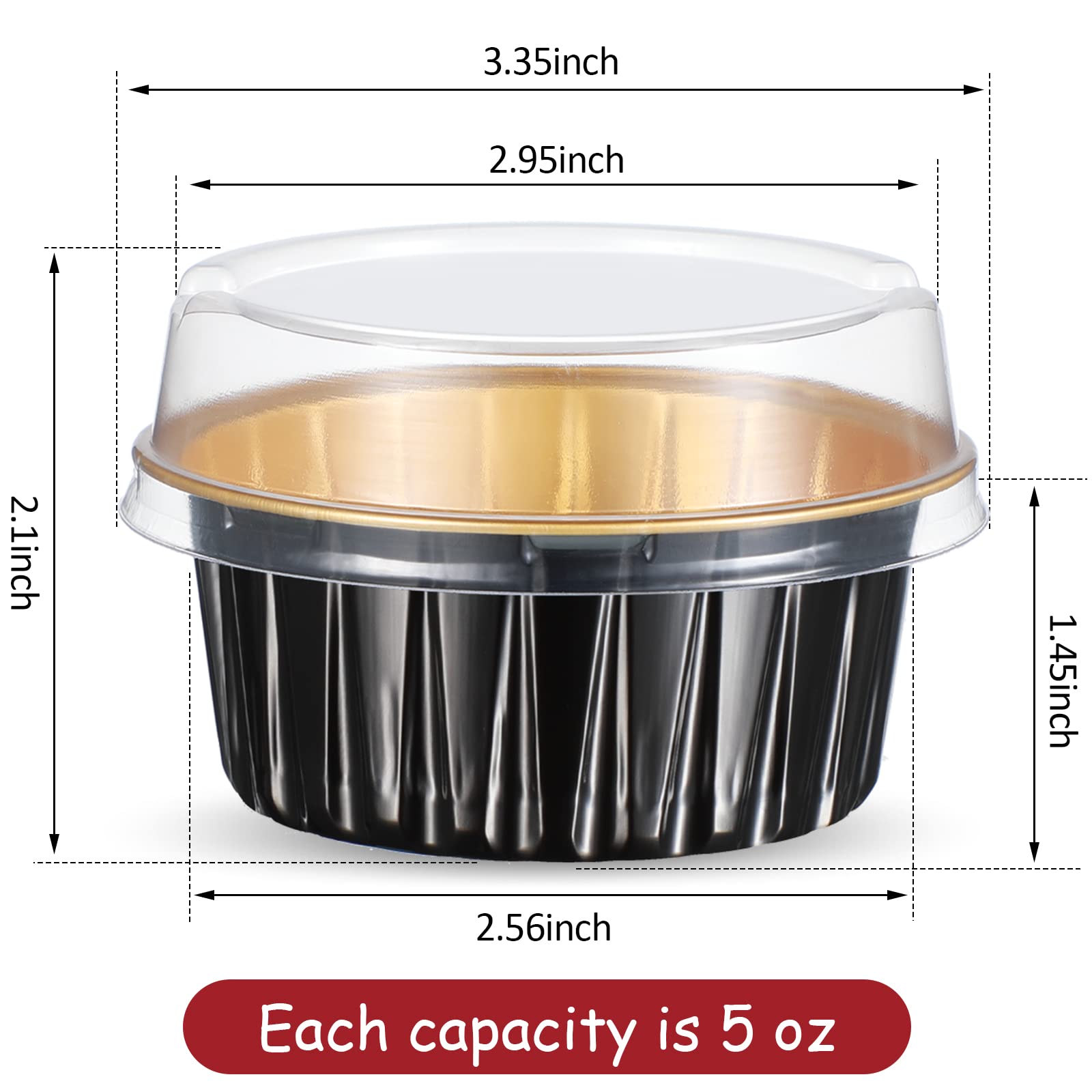 150 Count Aluminum Foil Baking Cup Disposable Ramekins with Lids 5oz Mini Cupcake Liners Flan Mold Mini Cake Pans with Lids Disposable Cake Tins for Pudding Desert Creme Brulee (Black, Gold)