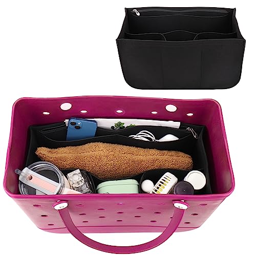 AIERSA Rubber Beach Bag Organizer Compatible with Bogg Bag/Simply Southern Tote, Felt Insert Divider Pouch with Zipper for Bogg Bags Accessories, with 7 Pocekets, Only for Original X Large Size -Black