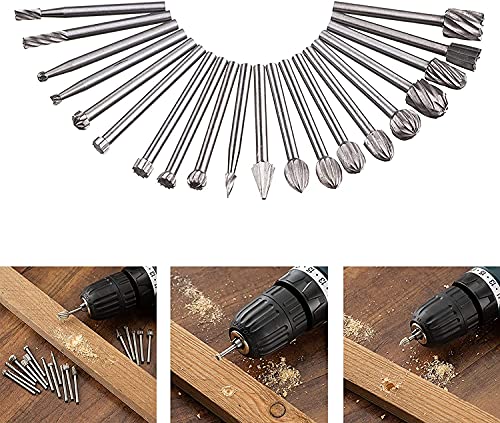 20Pcs Rotary Burr Set with 1/8 Inch(3mm) Shank, HSS Routing Router for DIY Woodworking, Engraving, Carving, Drilling