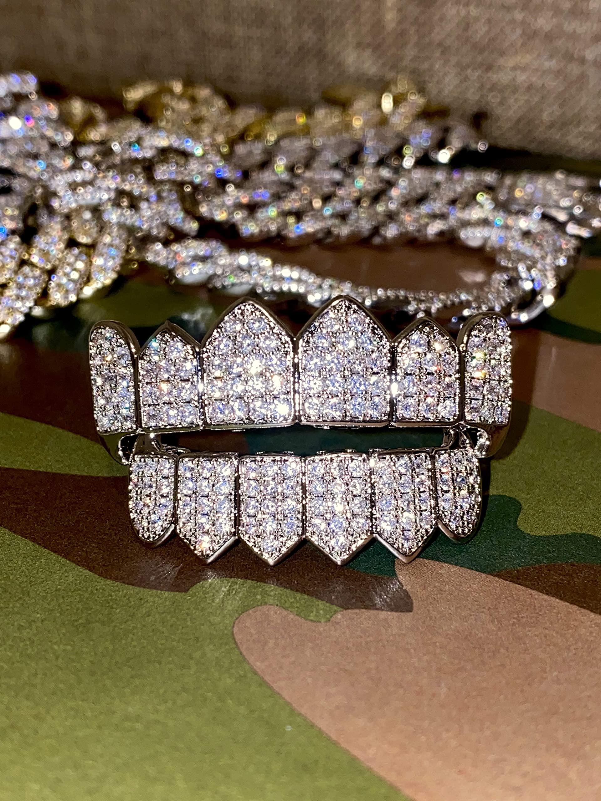 18K White Gold Plated CZ Cluster Custom Slugs Top Bottom GRILLZ Fangs Mouth Teeth Grills Set - Grillz, Teeth Cap, Iced Out Grillz (Top & Bottom Set)