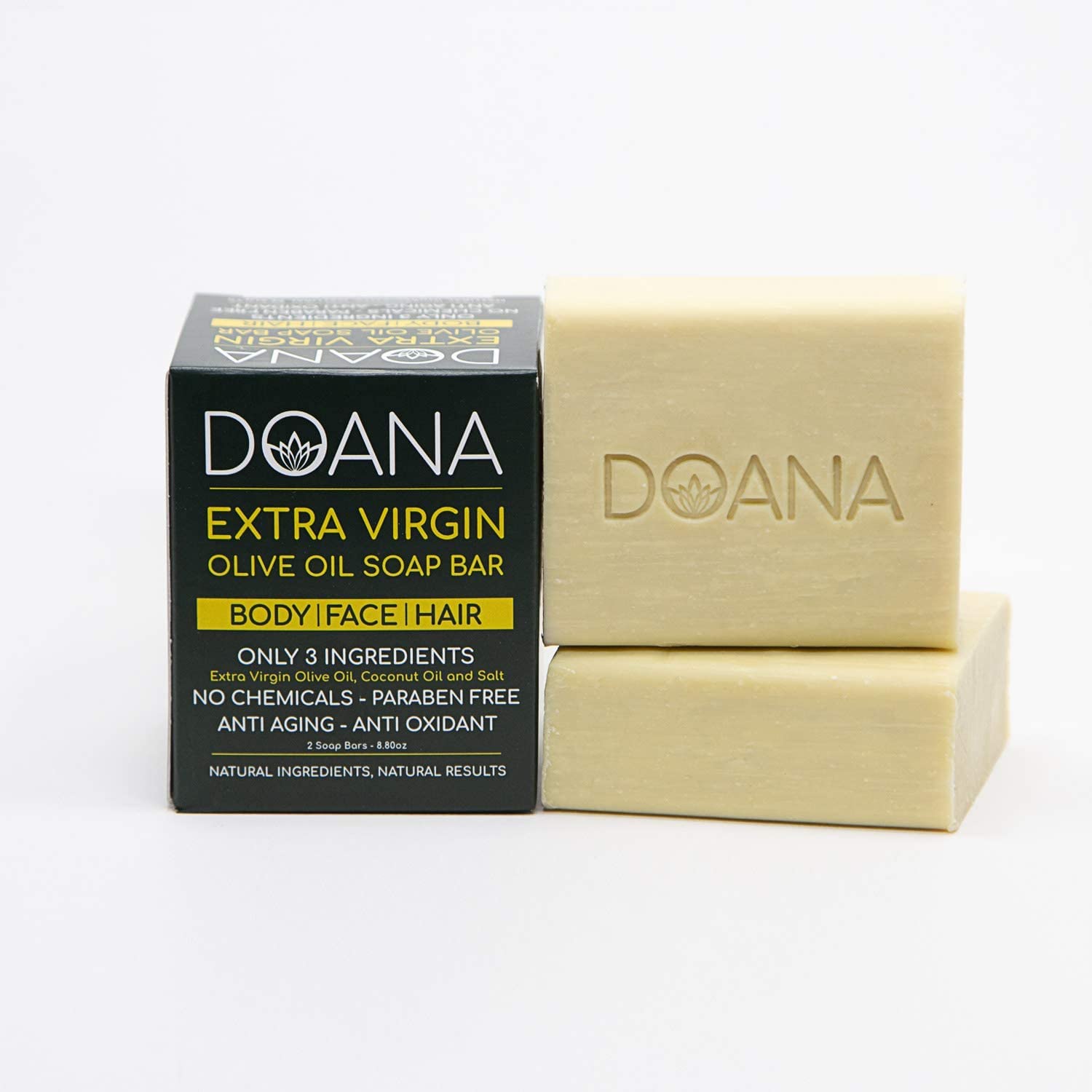 Doana Olive Oil Soap Bar, 250gr / 8oz. Unscented, Artisan Cold Processed With Coconut Oil, Facial & Body Cleansing (2 Bars). Only 3 Ingredients