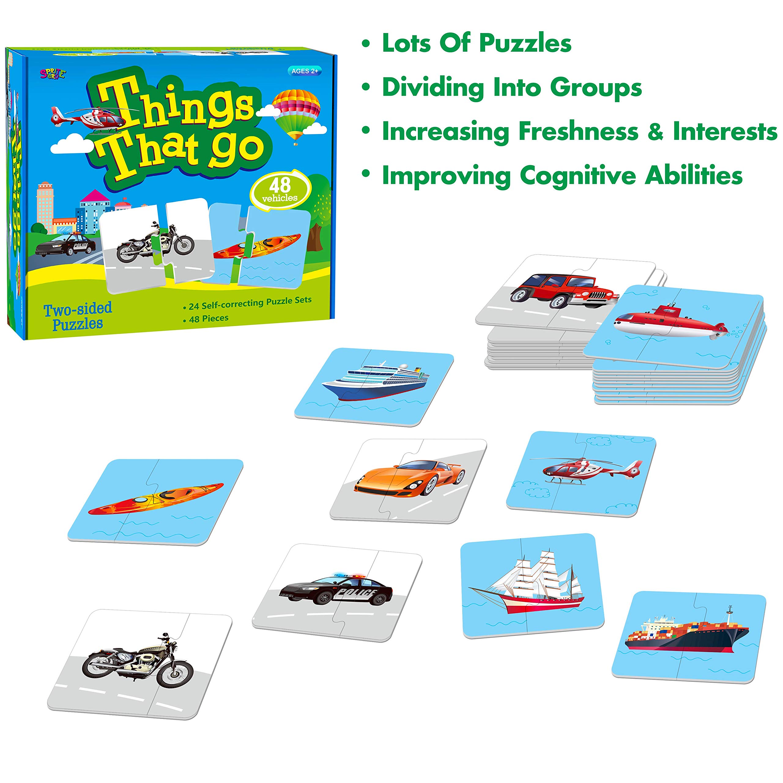 48 Vehicle Matching Puzzles with Error-Correction Mechanism Pre-Primer in 2 Pieces, Perfect for Preschool Learning (24 Blocks Double Sided)