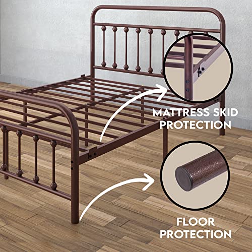 AMBEE21 Vintage Queen Metal Bed Frame with Headboard and Footboard Platform/Wrought Iron/Heavy Duty/Solid Sturdy Metal Slat/Rustic Brown/No Box Spring Needed/Industrial & Farmhouse