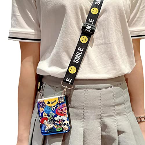 AiKeDuo for Samsung Galaxy Z Flip 3 5G Case Shockproof Protective Hard Bumper Folding Cover Soft Blu-Ray Long Strap Rope Cartoon Animal Panda Smiley Case Girls Woman for Z Flip 3 Case (Blue)