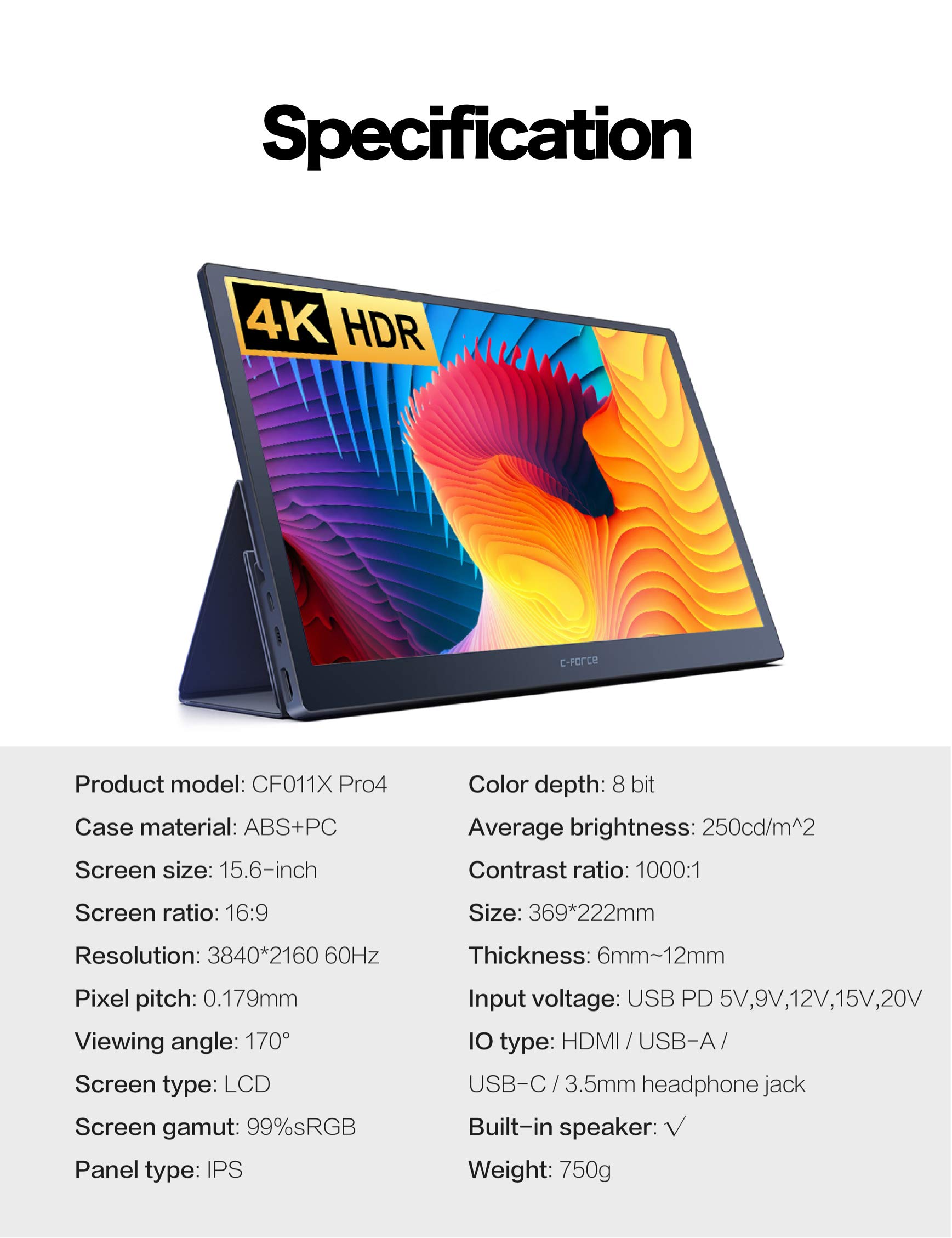C-FORCE Display CF011X Pro4 15.6-inch UHD 4K IPS 8 bit USB-C HDMI 3840x2160 Screen 60Hz with USB-C RadomPlug Monitor for Xbox, Playstation, Nintendo Switch, Mac, S20