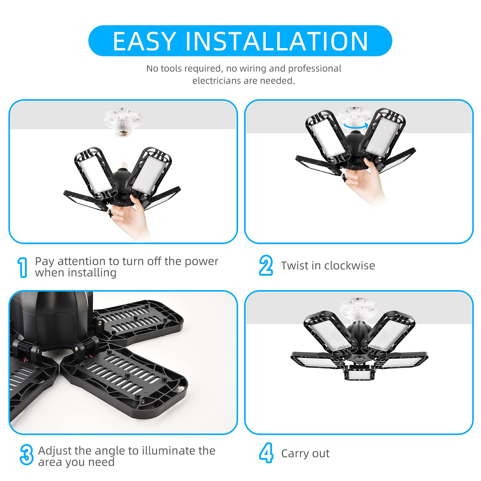 LED Garage Light 2 Pack, Deformable Garage LED Light 360° Illuminator Ultra Bright, 100W 6500K LED Garage Ceiling Lights with 5 Adjustable Panels E26/E27 for Garage Basement Bay Workshop